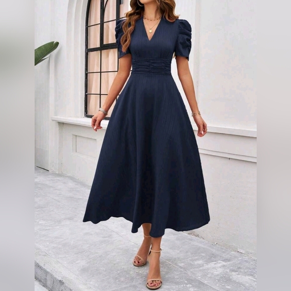 Dresses | New Classic Textured Stripe Ruched Waist Puffed Sleeve Midi ...